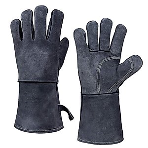 OZERO 932°F Heat Resistant Forge Welding Gloves 14 inches Cowhide Leather - Long Sleeve and Insulated Lining Grill Glove for Tig Welder/Mig/Barbecue/Stove Gray