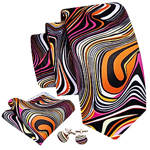 Barry.Wang Men Tie Set Print Orange Hot Pink Black Silk Necktie Pocket Square Cufflinks Formal Wedding Party Business