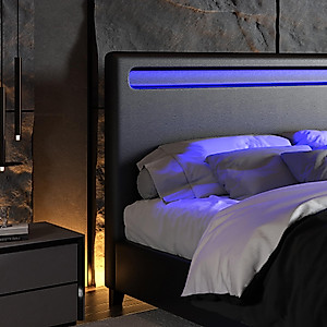 AnwickNomo Modern Queen Size Faux Leather Upholstered Platform Bed Frame with LED Light Headboard, Wood Slat Support, No Box Spring Needed, Mattress Base, Black