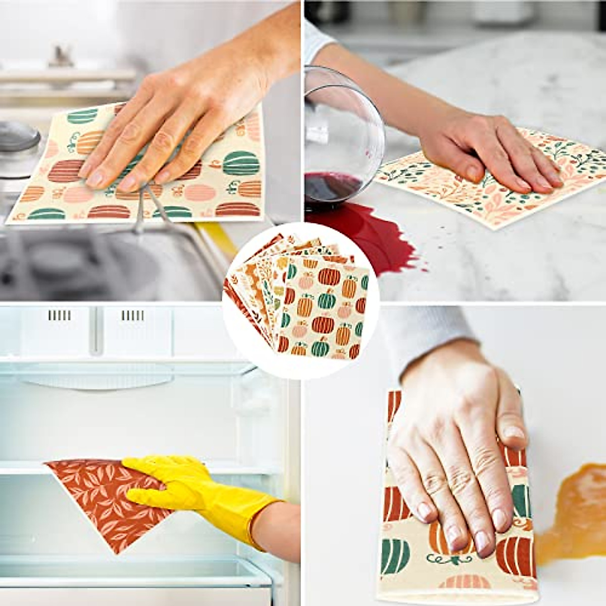 Whaline 6Pcs Thanksgiving Swedish Dishcloths Fall Harvest Boho Kitchen Dish Towel Pumpkin Maple Leaf Reusable Washable Cotton Cloth for Autumn Kitchen Washing Counter Cleaning, 6.7 x 7.7 Inch