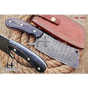 HUNTEX Handmade Hand-Forged Ladder Pattern Damascus Steel 9.5 Inch Long Full Tang Pakka Wood Handle Razor Sharp Hunting Camping Cleaver Knife w/Genuine Leather Sheath