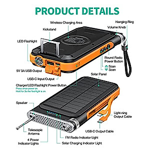 BLAVOR Solar Power Bank with FM Radio,Portable Wireless Charger 20000mAh External Battery Pack 15W QC 3.0 Fast Charging,Bright Flashlight, Compatible with Smartphones and All USB Devices (Orange)
