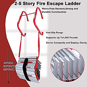 FGQCBBYC Emergency Fire Escape Ladder 4 Story Homes 32FT, Compact Safety Escape Ladder Rope with Wide Steps, Center Support & Anti-Slip Rungs for Indoor or Outdoor, Fast Deploy