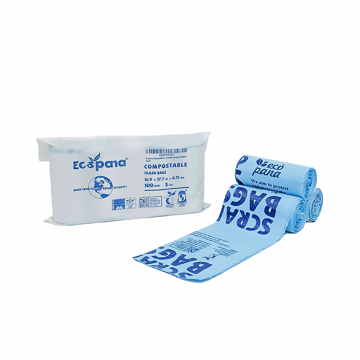 Ecopana 3 Gallon Compostable Bags(100 counts), 11.35 Liter, Extra Thick 0.71Mil, Samll Kitchen Food Waste Bags, 100% Compostable, Certified US BPI ASTM D6400, HOME Compost & AS5810