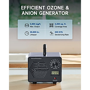 CREWORKS Ozone Generator, 5000 mg/h High Capacity Ozone Machine for Car Home Smoke Pet Odor Removal, Commercial Ozone Odor Eliminator Air Purifier with Timer Display for 3200 sq ft Room, Black