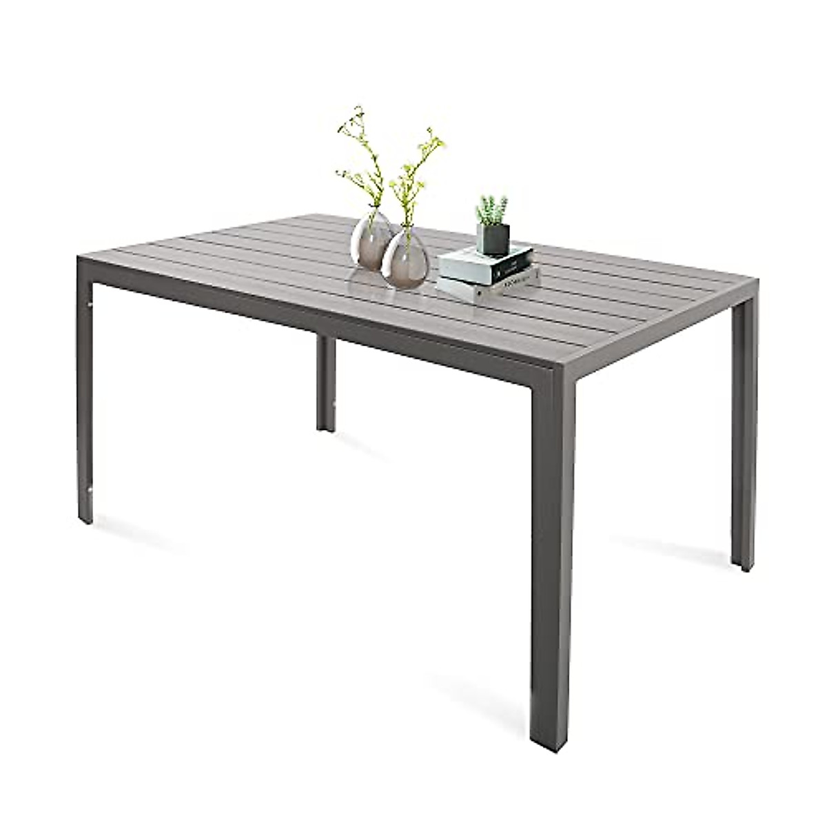 Dporticus Outdoor Patio 55" Rectangular Dining Table for 6 Metal Aluminum Frame with Grey Wood Look