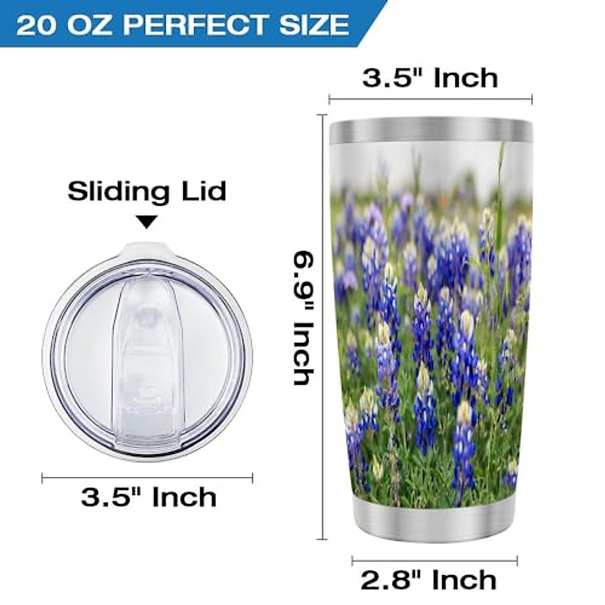 Jesmacti 20Oz Drink Tumbler Bunch Texas Bluebonnets Blue Purple Flowers Springtime Insulated Tumblers Travel Mug for Dorm