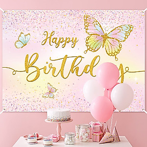 Dandat 7 x 5 ft Butterfly Happy Birthday Backdrop Pink Theme Gold Butterfly Birthday Party Decorations Polyester Spring Banner Baby Girls Princess Photography Background for Bday Photo Shoot Prop
