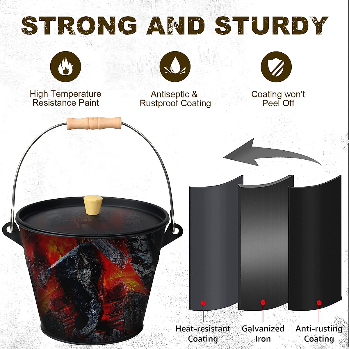 Poofzy Ash Bucket with Lid, 1.3 Gallon Ash Bucket for Fireplace, Metal Fireplace Bucket for Ashes Includes Shovel, Hand Broom and Gloves for Wood Burning Stove, Fire Pit and Grill