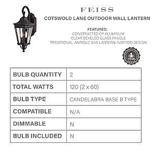 Feiss OL5401BK Cotswold Lane Outdoor Patio Lighting Wall Lantern, Black, 2-Light (9"W x 21"H) 120watts