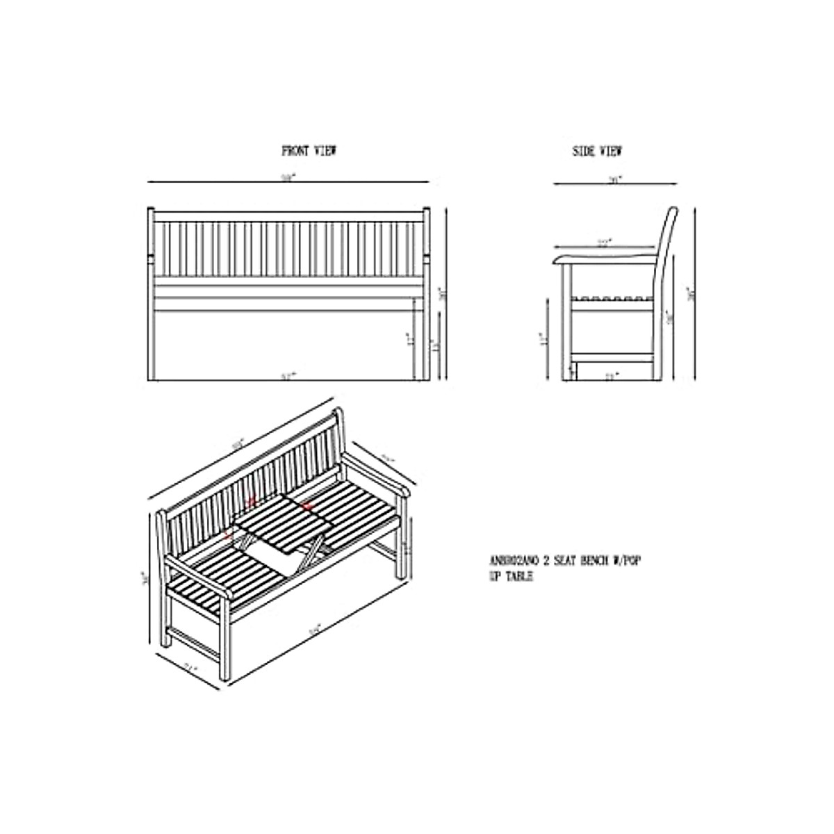 Bristol Two-Seat Outdoor Bench with Pop-Up Center Table, Weather-Resistant Acacia Wood, Natural Finish, Ideal for Patio, Porch, or Garden, Dimensions: 60 in. W x 26 in. D x 37 in. H