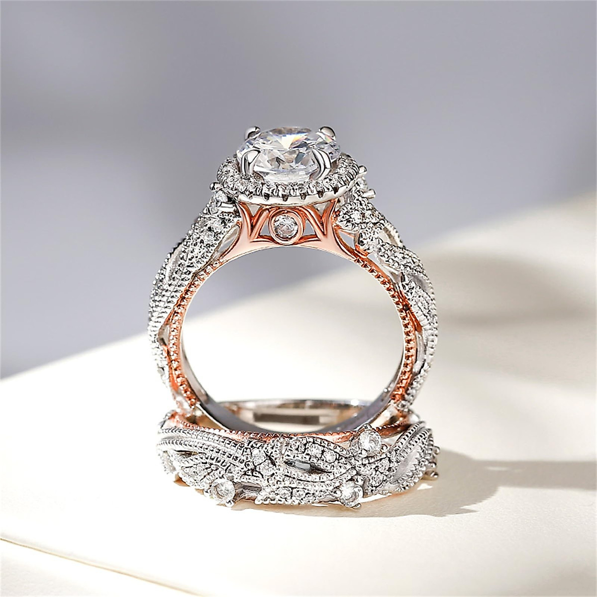 Jeulia 4 Carat Leaf Rings for Women 925 Sterling Silver 18 K Rose Gold Plated Round Cut Engagement Ring Set White Diamond Halo Cubic Zirconia Wedding band CZ Solitaire Anniversary Promise Rings (6.5)