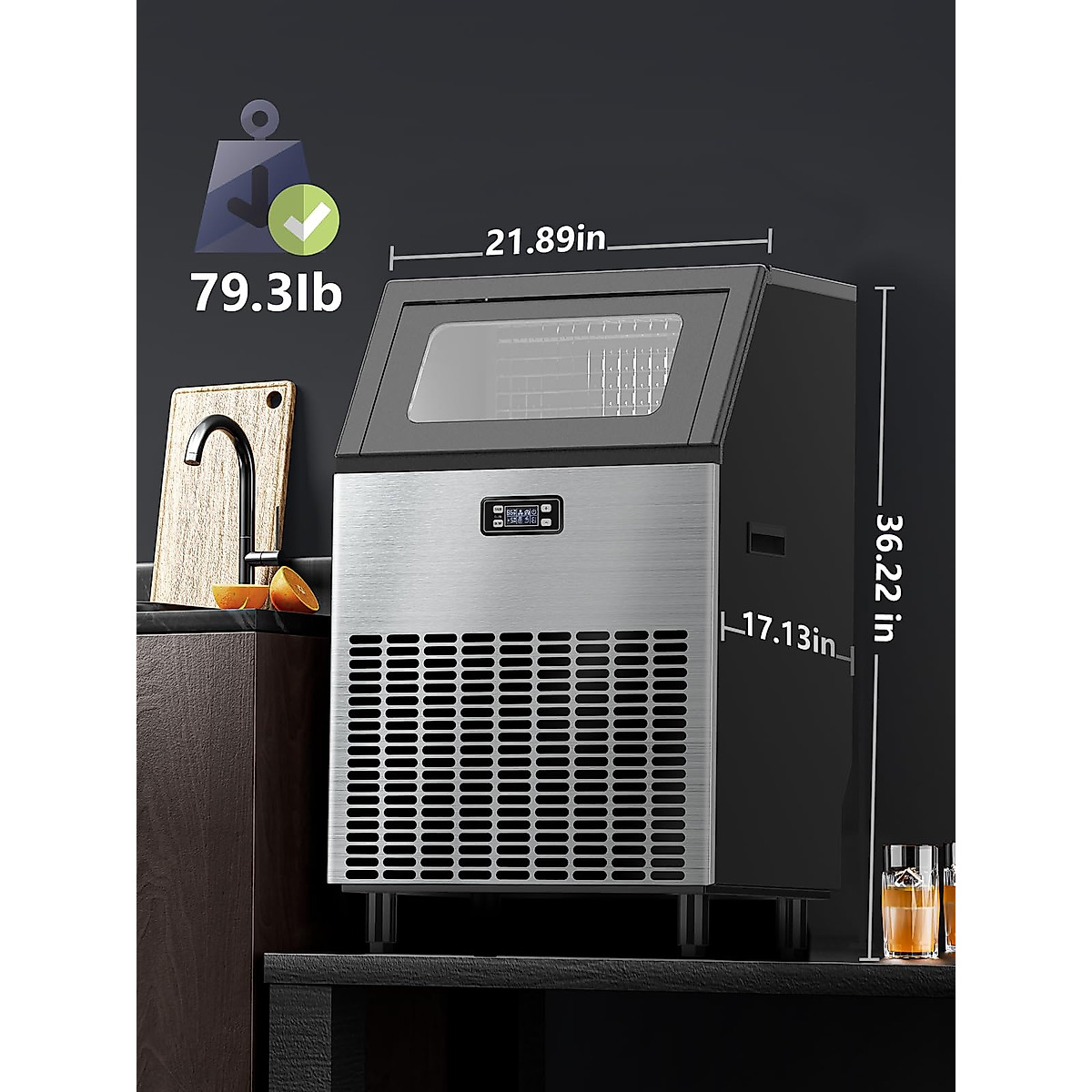 Joy Pebble Ice Maker Commercial, 200lbs/24H/8,800pcs, 90 Cubes/Cycle, Ice Size Control,24H Timer,Freestanding Ice Maker Machine Under Counter for Restaurant, Bar, Office, Home Partie