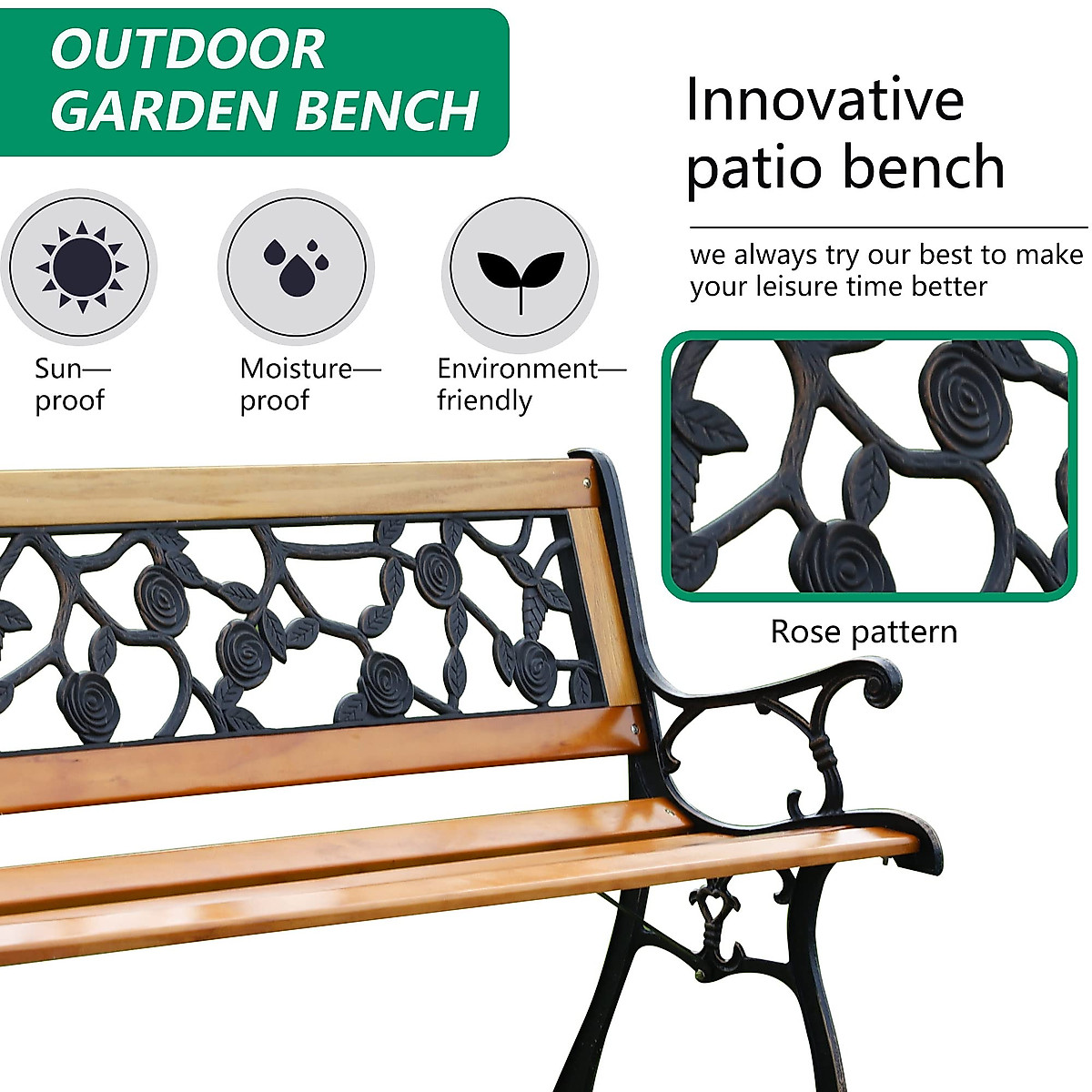 Ruesleag Garden Bench,32" Outdoor Patio Bench Metal and Wood Park Bench Porch Chair for Patio Yard Lawn (Bronze)