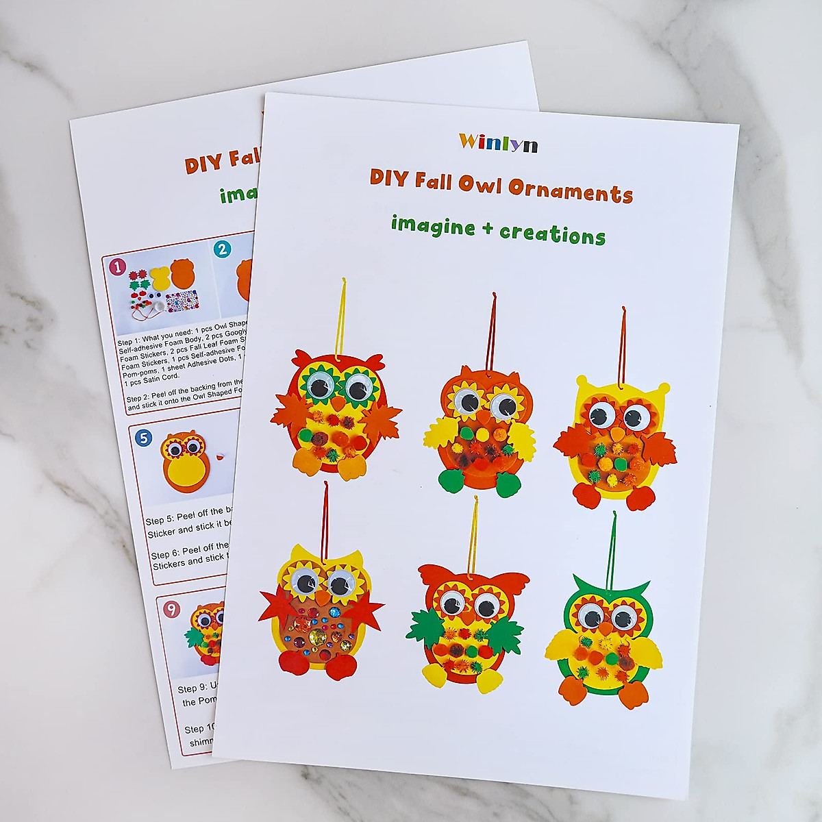 Winlyn 24 Sets Foam Owl Decorations DIY Owl Fall Craft Kit Assorted Foam Owl Shapes with Autumn Leaves Pumpkins Googly Eyes Pom-Poms for Kids Gift Halloween Thanksgiving Holiday Classroom Art Activity