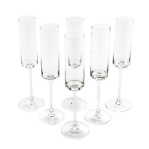 Aspen & Birch - Modern Champagne Flutes Set of 6 - Champagne Glasses - Mimosa Glasses, Crystal Stemware, Clear, 6 oz, Hand Blown Glass Champagne Flutes - Hand Crafted by Artisans
