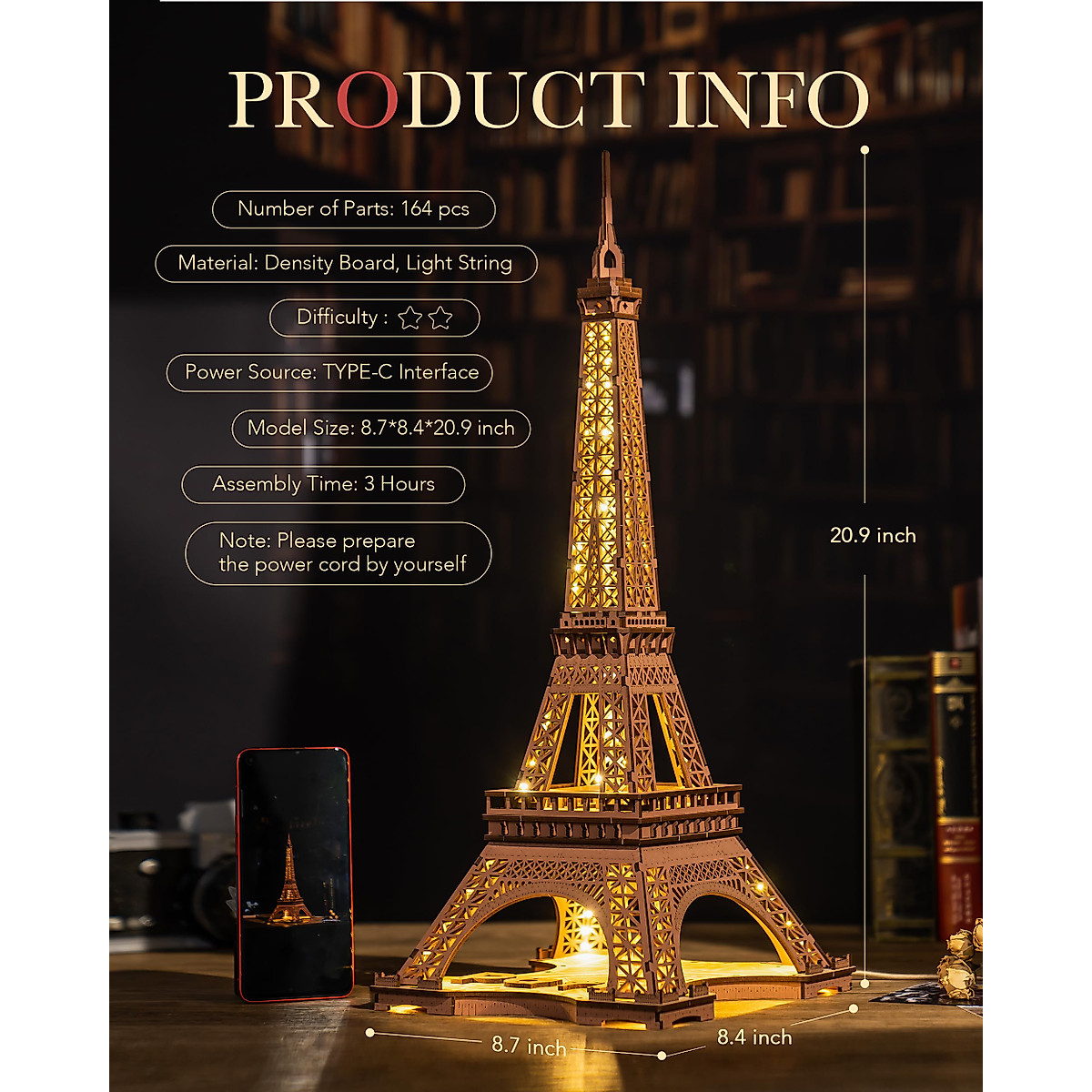 Rowood Eiffel Tower,3D Puzzle Model Kits for Adults,DIY 3D Wooden Puzzles for Adults,Builing Set with LED,Home Decoration Festival Gift Idea