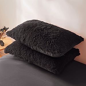 Furry Plush Pillow Covers, Ultra Soft Black Faux Fur, Decorative Bed Pillows, Zipper Closure, Set of 2 (Standard)