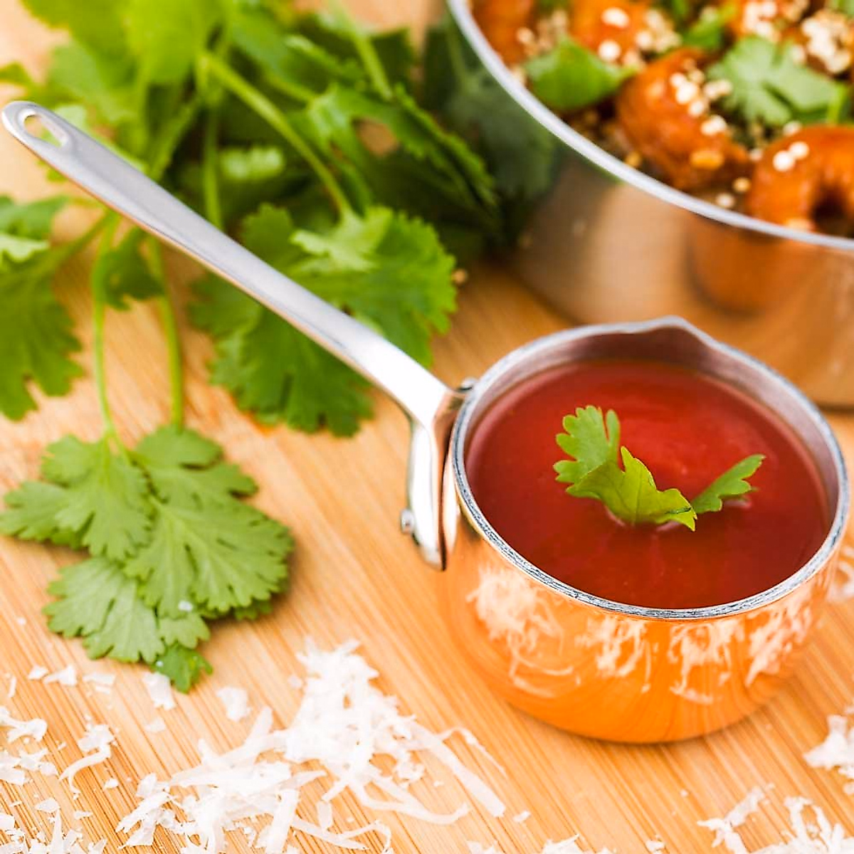 Restaurantware 2 Ounce Small Saucepan, 1 Copper Plated Mini Saucepan - Built-In Pour Spout, Corrosion-Resistant, Stainless Steel Tiny Saucepan, For Sauces, Dips, Or Mini Dishes, Dishwasher-Safe