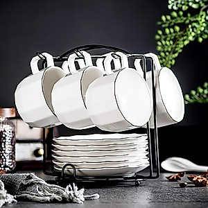 CHILDIKE 19Pcs Porcelain Coffee Cups and Saucers Set of 6 Geometric White Black Border, 7 Ounce Tea Cup Set, Espresso Cups, Cappuccino Cup with Metal Holder