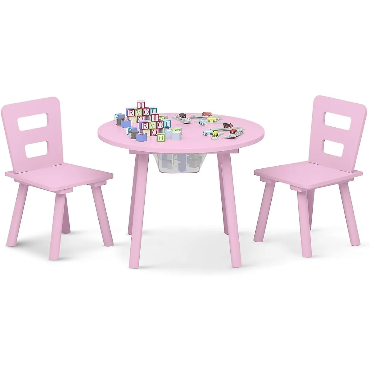 cuoote Kids Table and Chair Set, Wood Kids Table and 2 Chair Set, Round Toddler Table with Center mesh Storage, for Boys and Girls (Pale Pink)