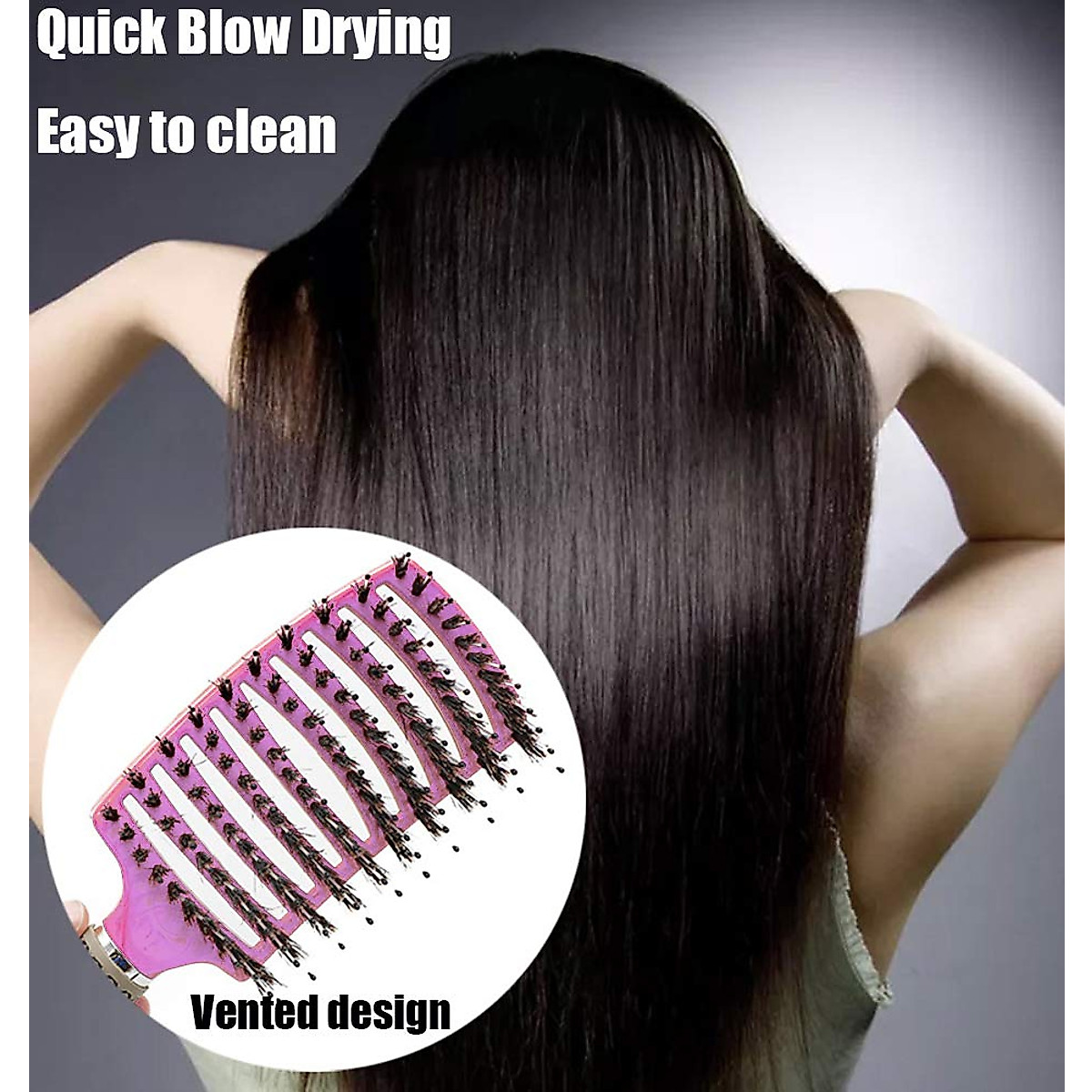 Vented Curved Boar Bristle Hair Brush Paddle Brush for Blow Drying, Anti-frizz Detangling Brush Styling Hairbrush Comb for Curly Fine Wavy Natural Tangled Hair, Wet or Dry Use