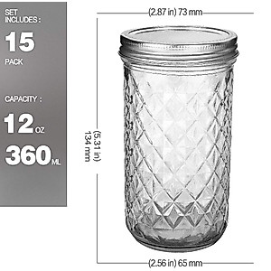 VERONES Mason Jars 12 OZ, Canning Jars Jelly Jars With Regular Lids, Ideal for Jam, Honey, Wedding Favors, Shower Favors,15 PACK