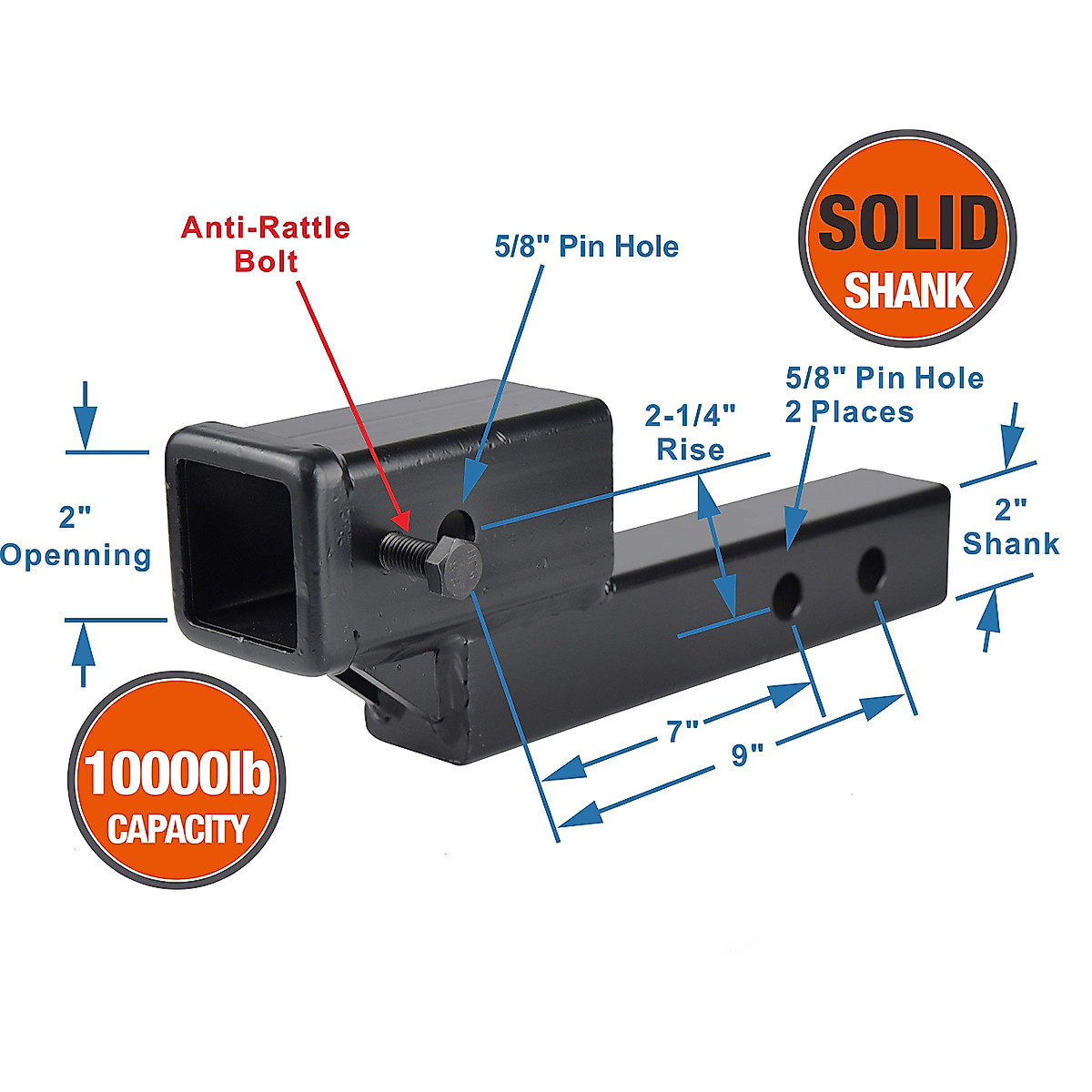 TOPTOW 64121 2-inch Receiver Trailer Hitch Extension Riser with 2-inch Rise/Drop, 2-inch Solid Shank, 10000lbs Capacity, Anti-Rattle Bolt
