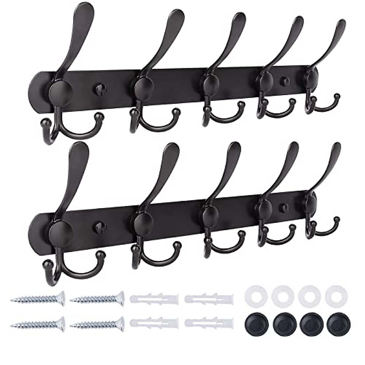 Qihtldsy Coat Rack Wall Mount, Stainless Steel Coat Hooks, 5 Tri Hooks, Heavy Duty Hook Rail for Coat Hat Towel Bag Purse Robes Bedroom Kitchen Bathroom Entryway (Black, 2 Packs)