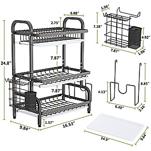 1Easylife Dish Drying Rack, 3 Tier Dish Rack with Tray Utensil Holder, Large Capacity Dish Drainer with Cutting Board Holder Drain Board Tray for Kitchen Counter Organizer Storage (Gray)