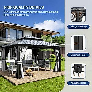 Amopatio 12' X 14' Hardtop Gazebo Permanent Aluminum Gazebos with Galvanized Steel Double Roof for Patio Lawn and Garden，with Curtains & Mosquito Netting