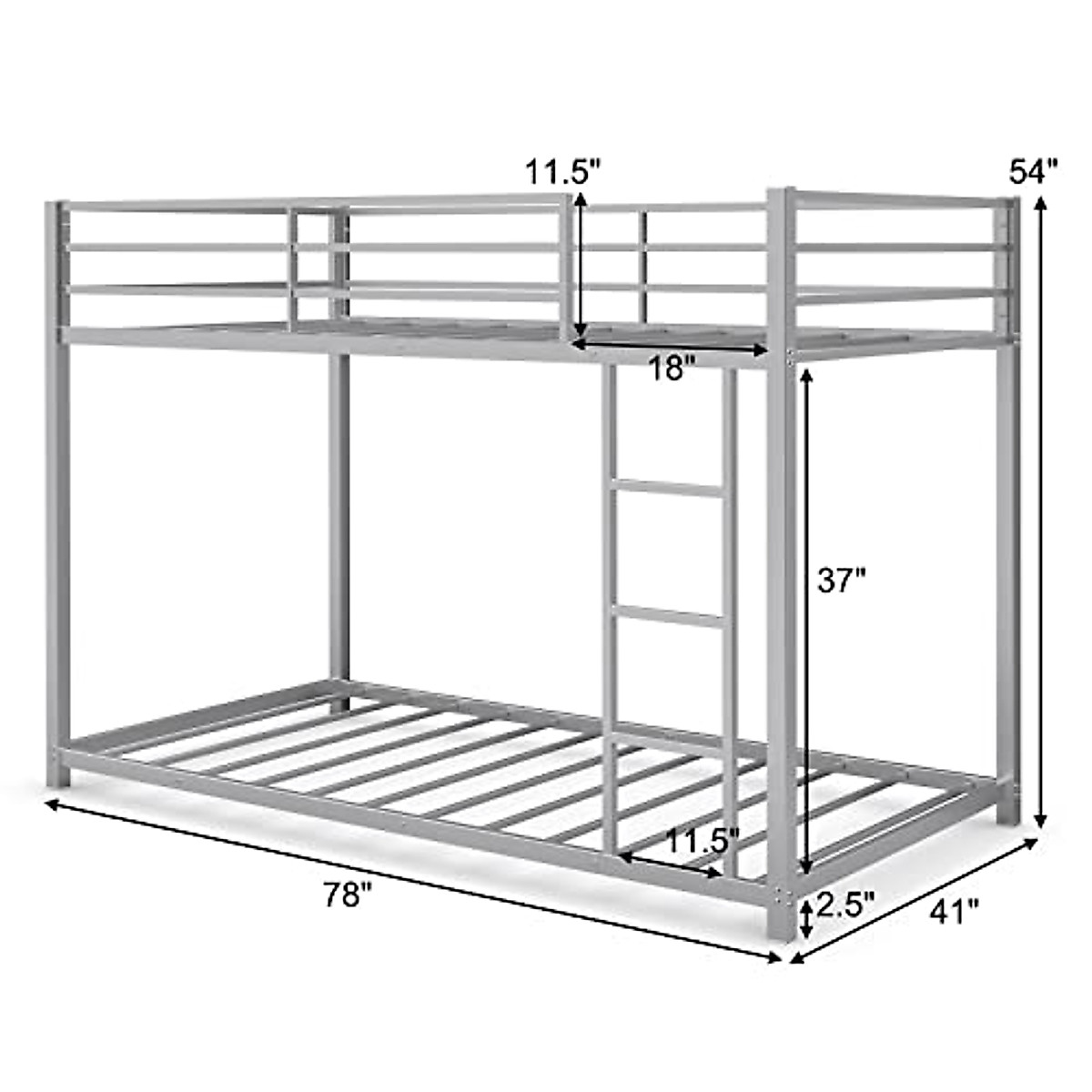 DORTALA Bunk Bed Twin Over Twin, Twin Bunk Beds w/Guardrail & Ladder, Metal Bunk Bed for Dormitory & Multiple-Child Family, Twin Bunk Beds for Toddler, Kids, Silver