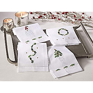 Saro Lifestyle Embroidered Santa Claus Christmas Hemstitched Linen Cotton Guest Towel (Set of 4), White, 14"x22"