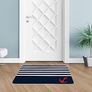 Nautical Anchor Indoor Door Mat, Absorbent Floor Mats Bathroom Rugs, Summer Ocean Coastal Blue White Striped Kitchen Runner Rugs, Non Slip Doormat for Bedroom/Sink/Laundry, 16"x24"