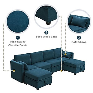 MUIRNAXI 109 x 54.7 Inch Chenille Modular Sectional Sofa,U Shaped Couch, 6-Seat Reversible with Adjustable Armrests and Backrest, Storage Seat, Ergonomic Design,for Living Room, Apartment (Blue)
