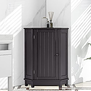 P PURLOVE Bathroom Storage Cabinet with Adjustable Shelves,Free Standing Corner Cabinet with Single Door, Freestanding Floor Cabinet for Bathroom Laundry Room Entryway Kitchen Pantry (Black Brown)