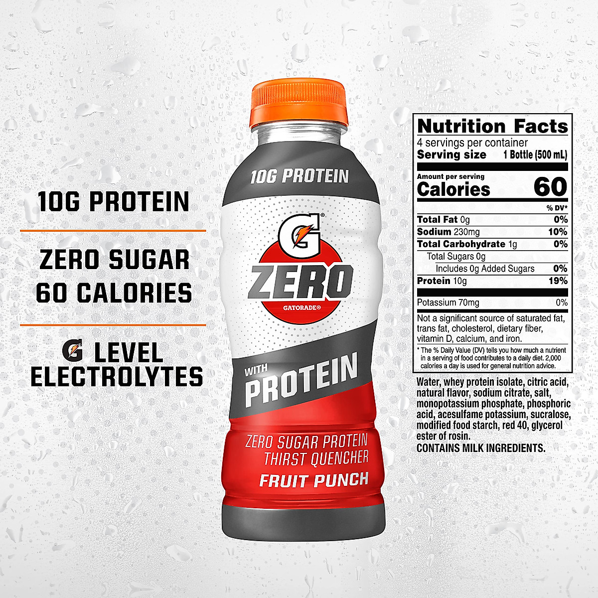 Gatorade Zero With Protein, 10g Whey Protein Isolate, Zero Sugar, Electrolytes, Fruit Punch, 16.9 Fl Oz, 12 Pack