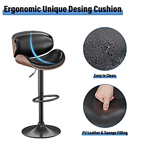 Aowos Adjustable Swivel Bar Stools Set of 2, Mid-Century Modern PU Leather Upholstered Counter Height Bar Stool, Kitchen Island Barstoosl with Back, Black