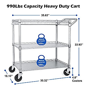 WDT Commercial Grade Heavy Duty Utility Cart 990Lbs Capacity, 3 Tier Wire Rolling Cart with Wheels, Metal Service Carts with Handle Bar,Shelving Liners,Hooks for Kitchen, Restaurant