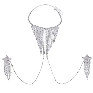 Sexy Rhinestone Stars Nipple Pasties with Chest Chain Rhinestone Nipple Cover Stickers Crystal Tassel Necklace Chain Rave Festival Bra Chain Jewelry for Women
