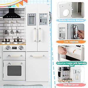 Costzon Kids Corner Kitchen Playset, 11-in-1 Wooden Play Kitchen Toy Set w/Realistic Washing Machine, Microwave, Oven, Stove, Refrigerator, Water Dispenser, Range Hood, Telephone, Utensils, Sink