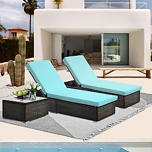 JETEAGO Outdoor PE Wicker Chaise Lounge Set of 3 Patio Rattan Reclining Chair with Coffee Table for Garden Poolside Yard, Blue