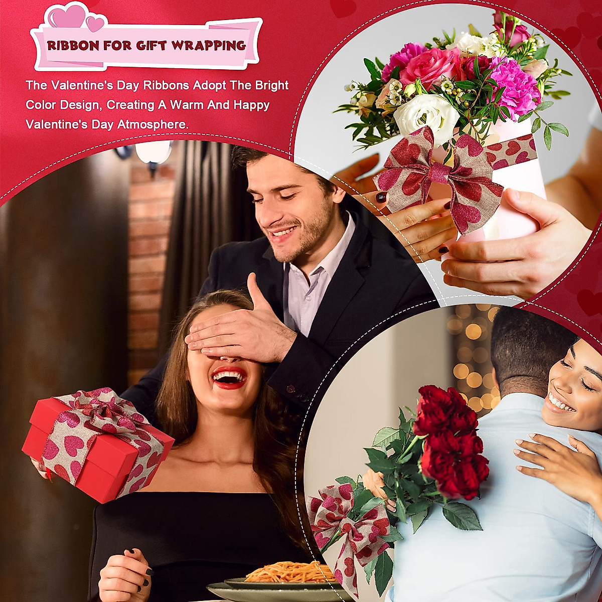 2 Roll 20 Yards Glitter Hearts Wired Edge Burlap Ribbon Valentine Ribbon Valentine's Day Wired Ribbon for DIY Gift Wrapping Wreath Crafts Decoration, 2.5 Inch (Black, Red, Pink)