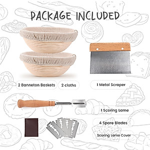DOYOLLA Proofing Baskets for Sourdough Bread Making, Dough Proofing Bowls Kit with Cloth Liner + Scoring Lame + Scraper for Professional & Home Sourdough Bakers (Round,8.5 inch,Set of 2)