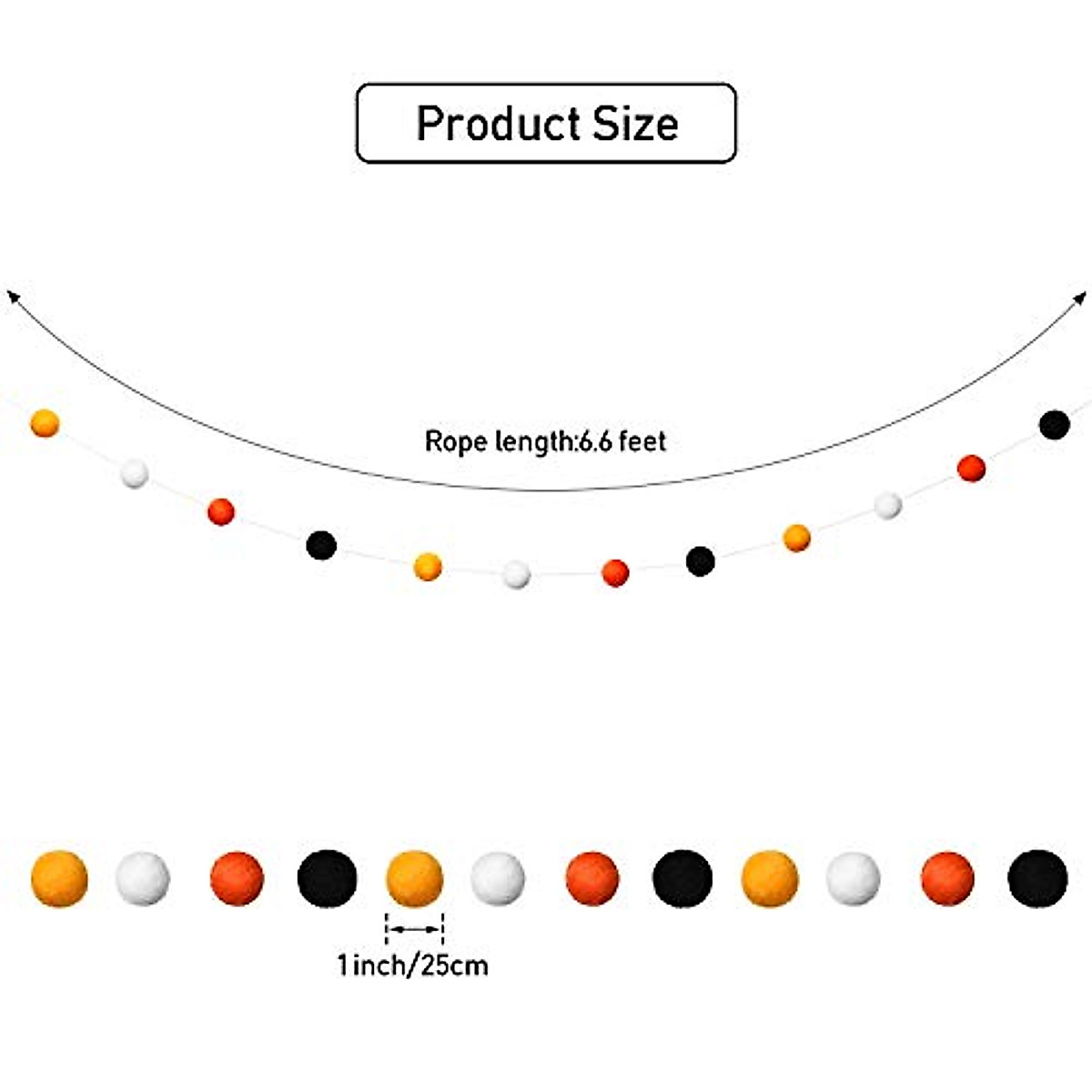 13.2 Feet Halloween Felt Ball Garland Wool Felt Balls Garland Decoration for Halloween Thanksgiving Party Supplies, Brown, Orange, Black and White