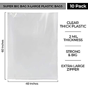[ 10 COUNT ] 40x60 inches Clear Giant Size Jumbo Big Storage Bags for Covering & Protecting Big Items from Dust, Moisture, Water Damage; Fits Bulky Toys, Outdoor Seasonal Furniture, Home or Office Appliances, Luggage, Quilts, Comforters