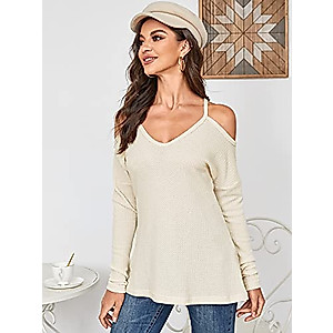YOINS Pullover Sweaters for Women Jumpers Sexy V Neck Cold Shoulder Long Sleeves Casual Loose Fashion Knitted Tee Tops Blouse NEWVSN001-Beige S