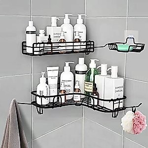 YUEARN Corner Shower Caddy, Adhesive Shower Caddy With Soap Holder And 4 Hooks, 3-Pack Rustproof Stainless Steel Bathroom Shower Organizer, No Drilling Wall Mounted Shower Caddies Corner Rack, Black