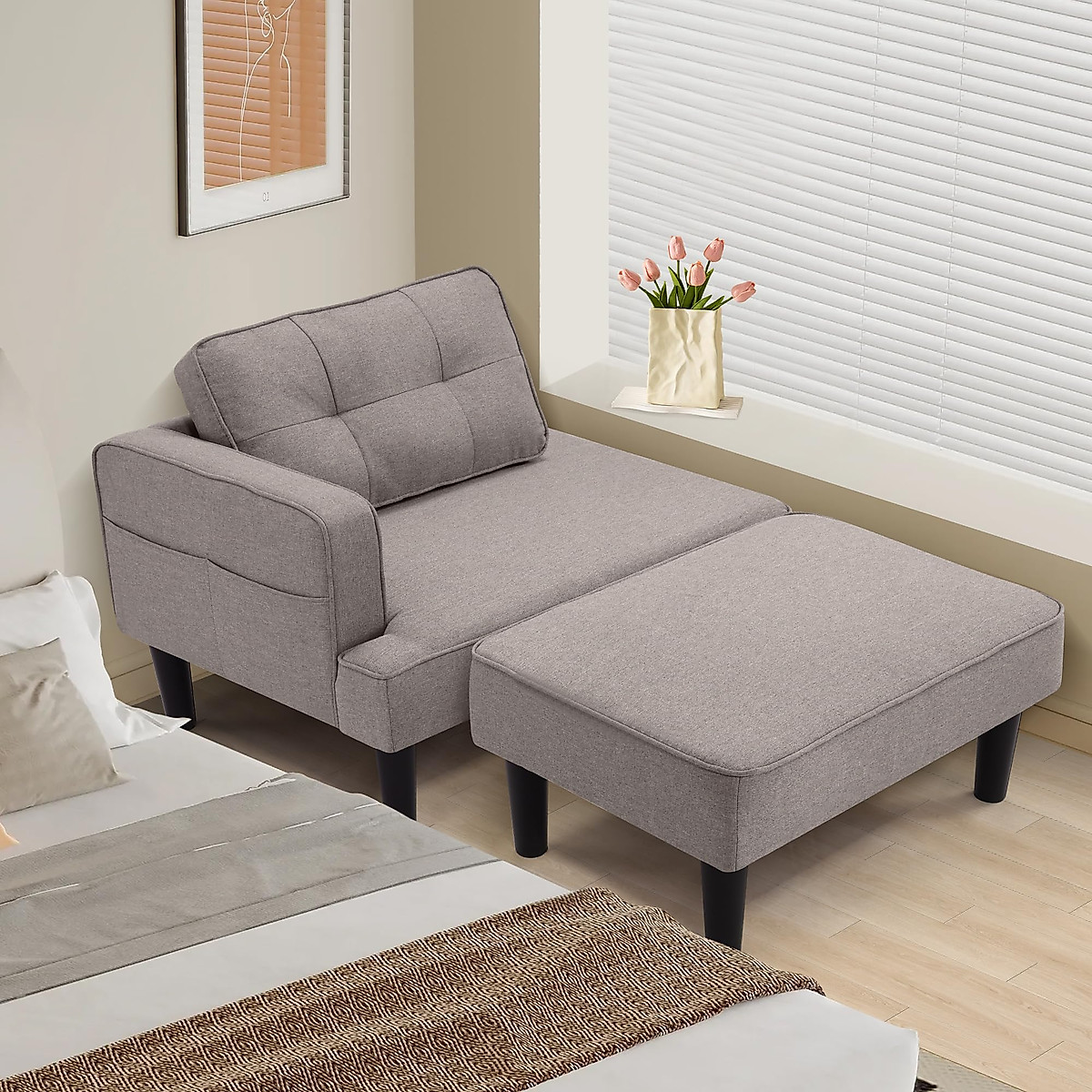 SEJOV Recliner Sofa Bed, Convertible Small Sectional Couches for Living Room, Sofa Cama moderno with Chaise & 2 Pillow, Small Couches for Small Spaces, Apartment, Dorm, Linen, Brown Grey