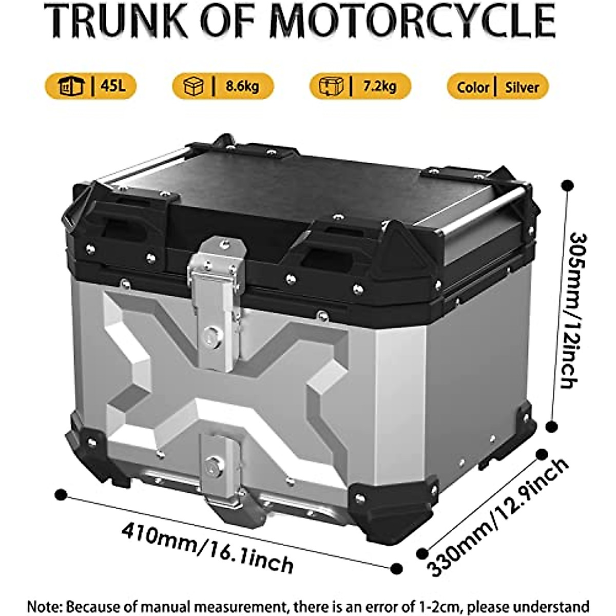 LASIEYO 45L Motorcycle Top Case, Aluminum Motorcycle Trunk Tour Tail Box with Security Lock for Store Helmet Large Luggage, Waterproof Motorcycle Top Box, Universal Motorcycle Accessories (Silver)